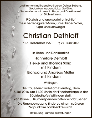 Traueranzeigen von Christian Dethloff | AZ.Trauer.de
