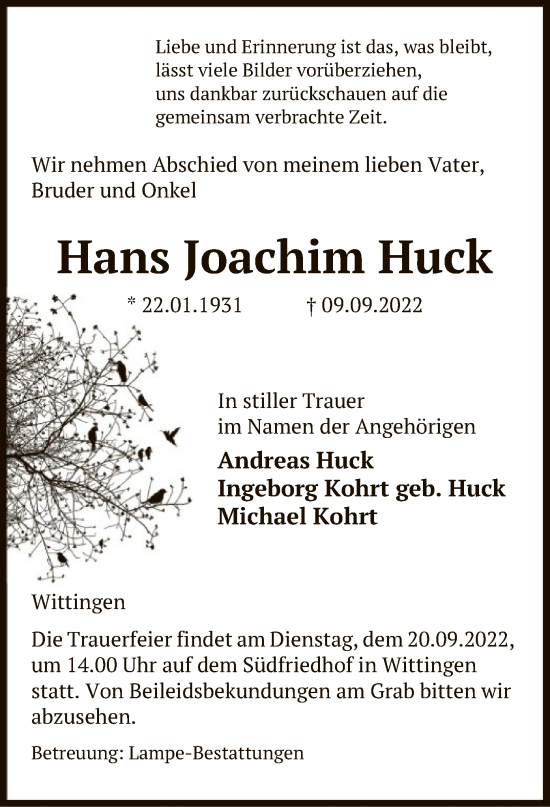 Traueranzeigen von Hans Joachim Huck | AZ.Trauer.de